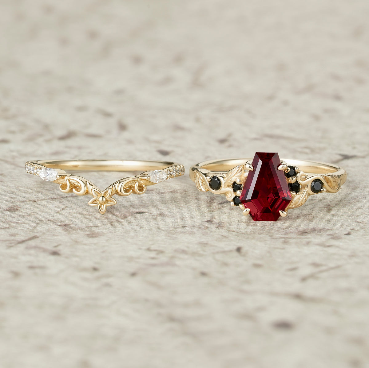 Nature's Embrace: Coffin Cut Ruby Leaf Ring Set - Lila – GemsMagic