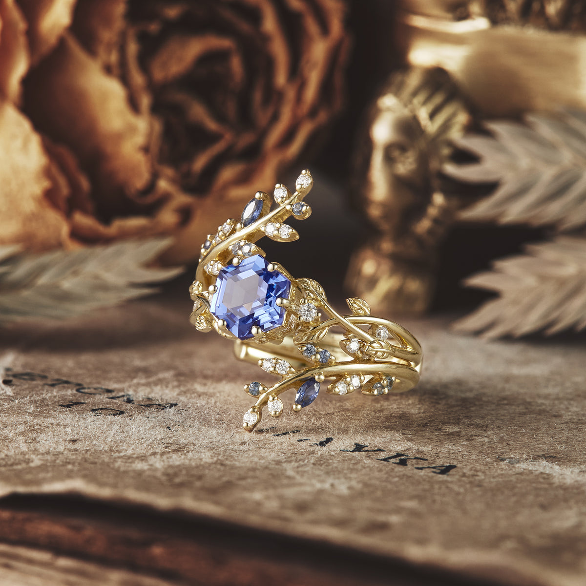 Hexagon Sapphire Vine Ring Set | Unique Wedding Elegance – GemsMagic